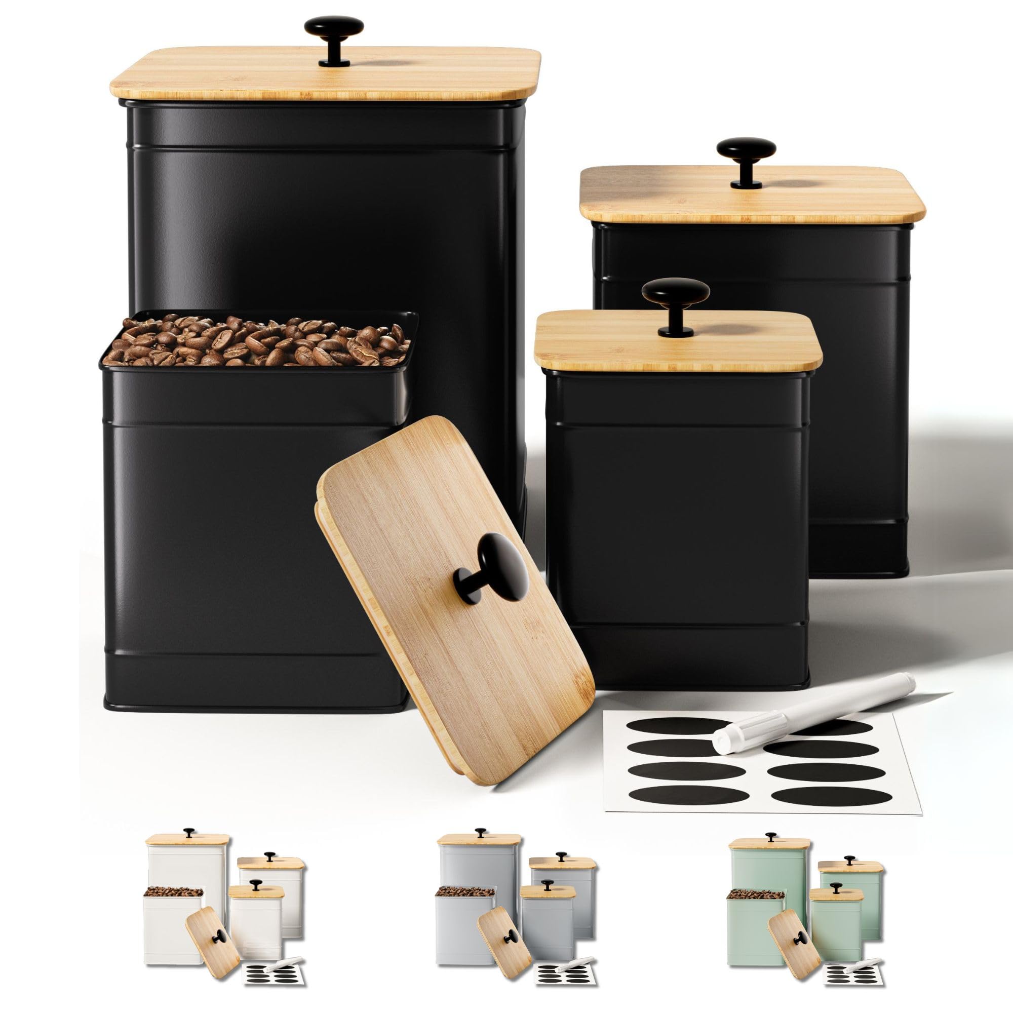 Kitchen Canisters for Countertop Set of 4 with Customizable Chalkboard Labels & Marker Pen - Big Iron Kitchen Canisters with Airtight Lids - Canisters Sets for the Kitchen - Black Kitchen Canister Set