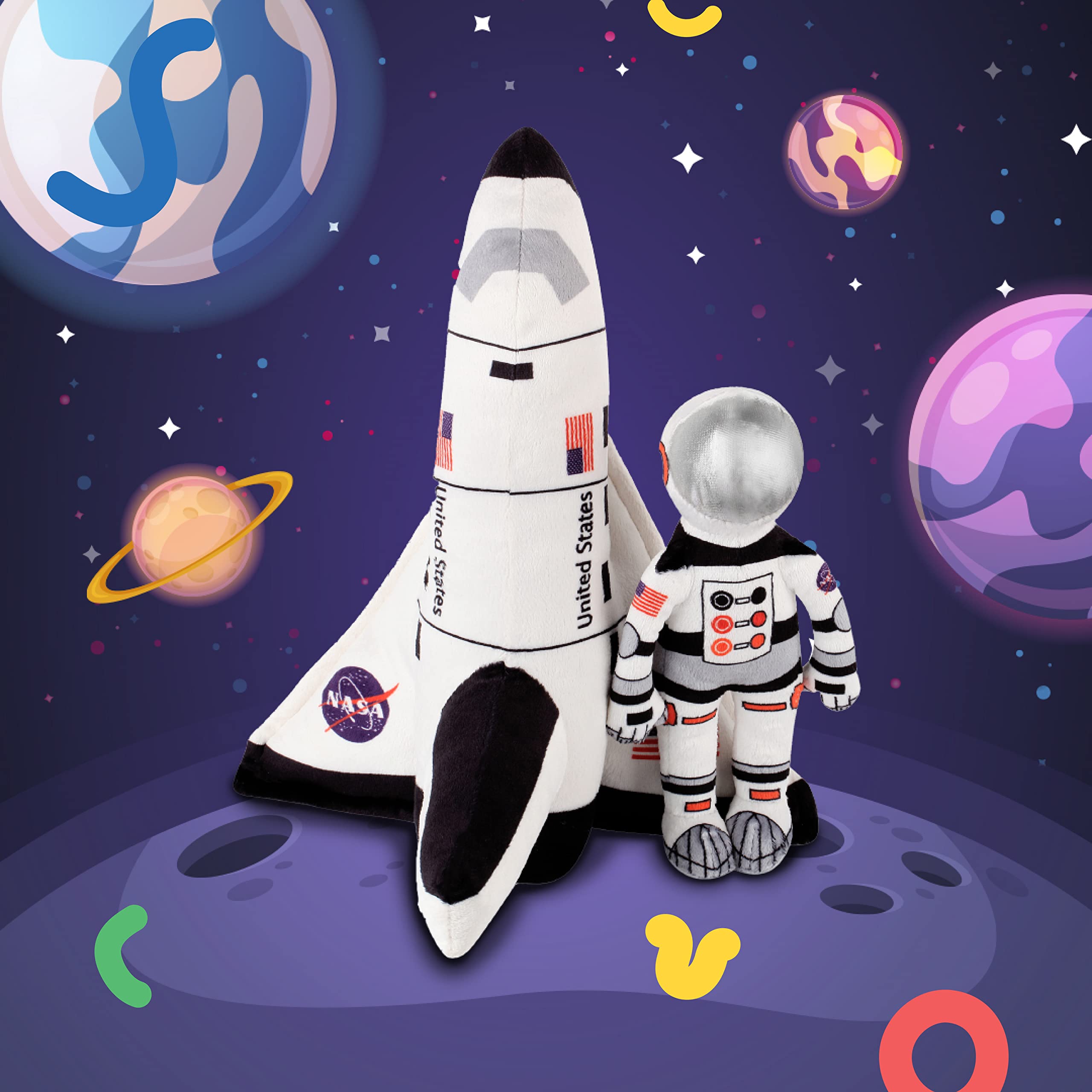 Dazmers 10” Stuffed Space Shuttle and Astronaut Plush Soft and Cuddly Plush Space Shuttle Toy for Kids –Birthday Gift for Boys Girls, Toddlers Pretend Role Play