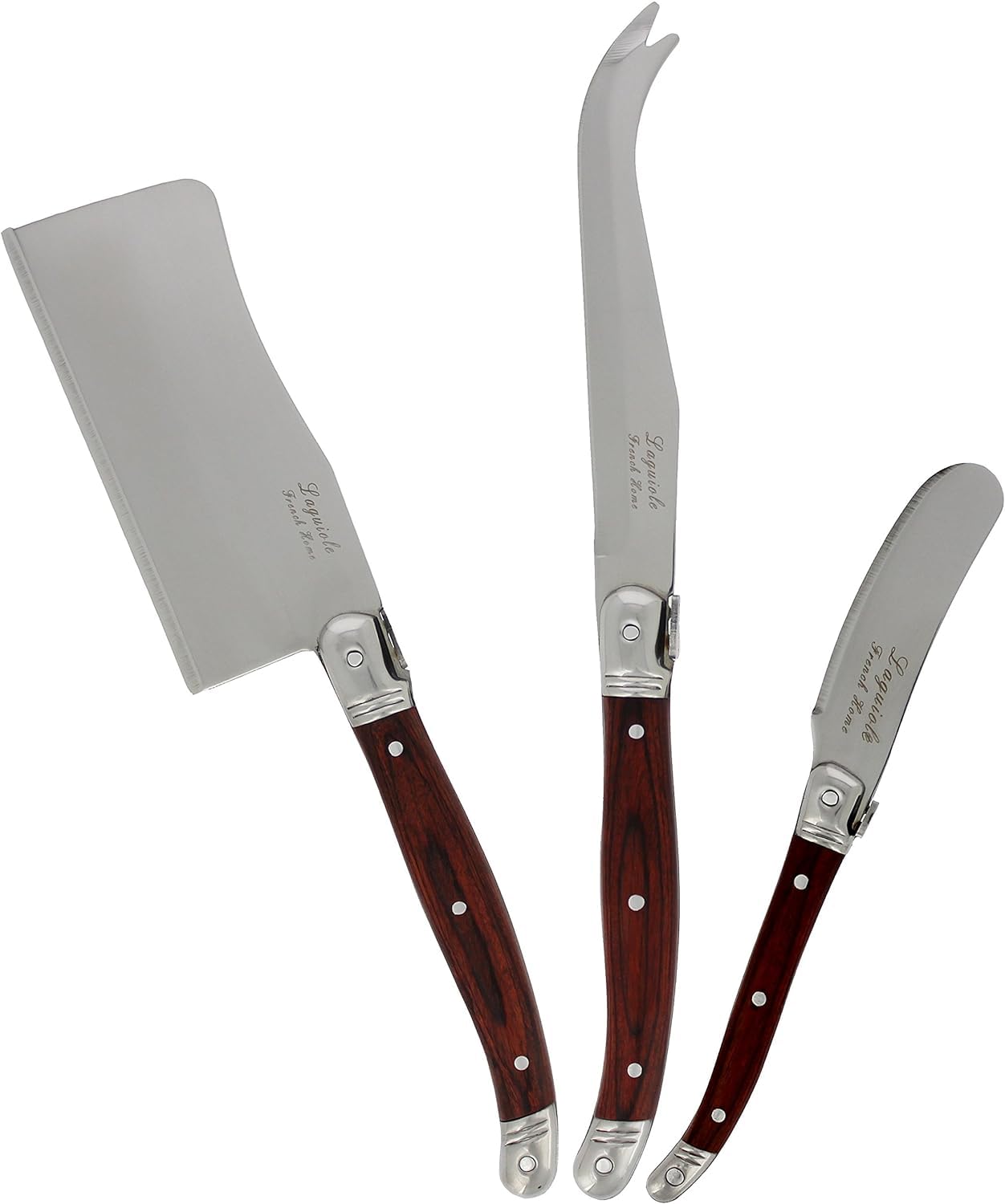 Laguiole Cheese Knife Set of 3 – Charcuterie Accessories w/Pakkawood Handles – Includes 6.25" Cheese Spreader, 9.25" Spear & 8.5" Cleaver Knife