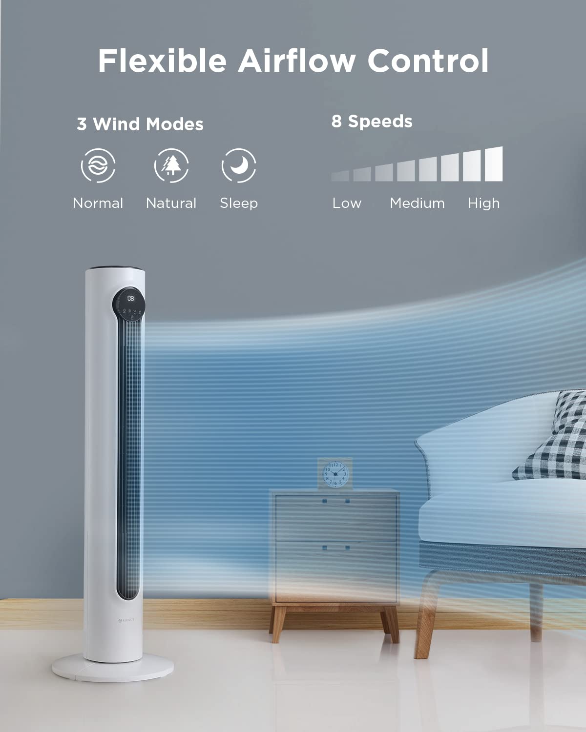 AIRMATE Tower Fan with Remote, 42in Silent Oscillating Fan, Bladeless Standing Fan, 3 Modes 8 Speeds, LED Display Touchpad Multifan, 8H Timer Floor Fan for Bedroom Home Office Portable