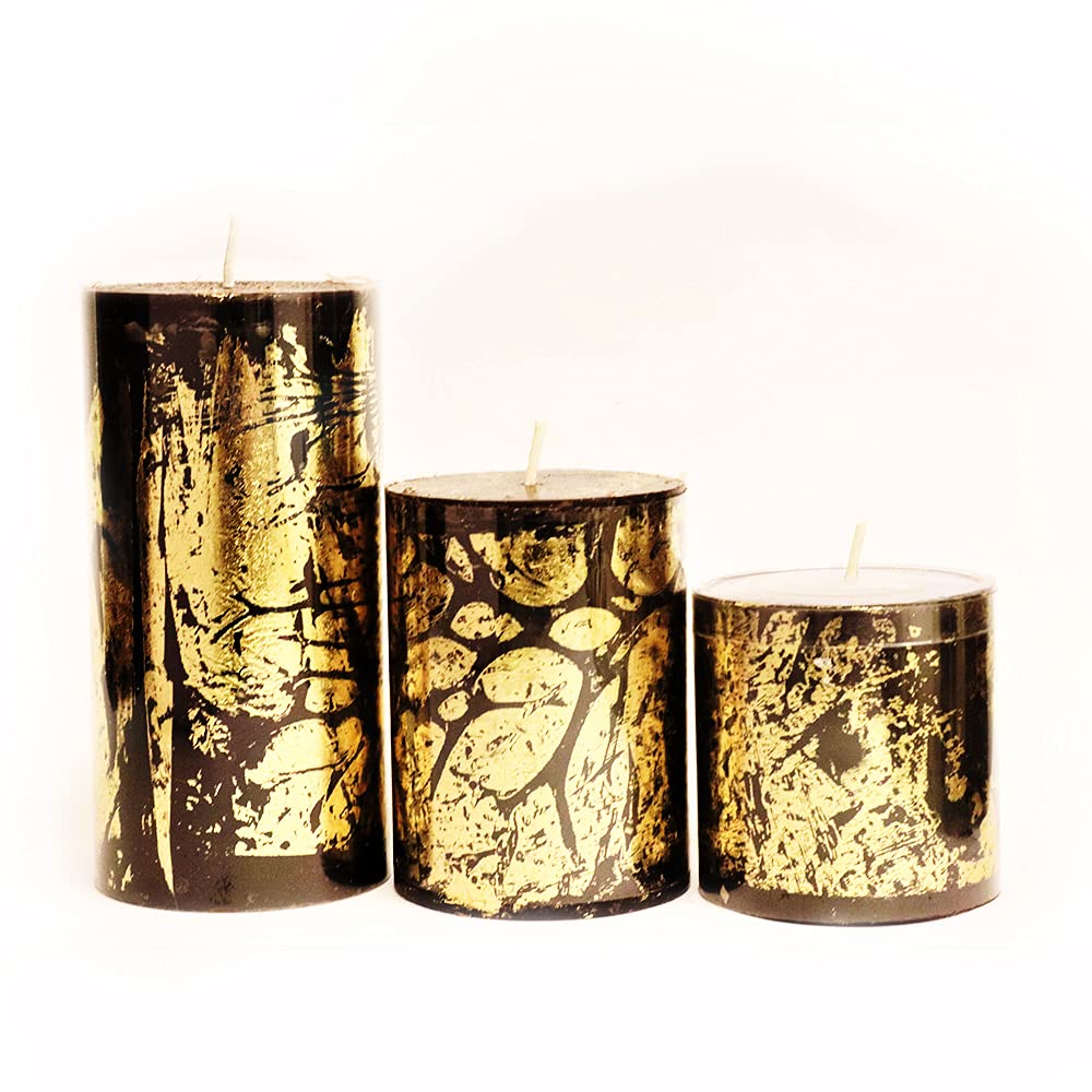 AuraDecor Set of 3 Black Pillar Candles with Gold Finish ( Gift Set , Pack of 3 Candles, 3, 4, 6 inch ), Large