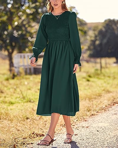 dowerme Women Casual Petal Long Sleeve Crewneck Smocked A-Line Flowy Solid Maxi Dress Fall Winter Party Cocktail Dresses(Solid Dark Green,Small)