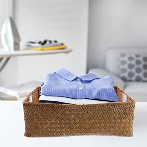 Bathroom Storage Baskets Wicker Baskets with Handles, Seaweed Storage Basket Household Natural Storage Bins Rectangular Wicker Cube for Organizing Closet, Laundry, Home (XL) Storage Baskets