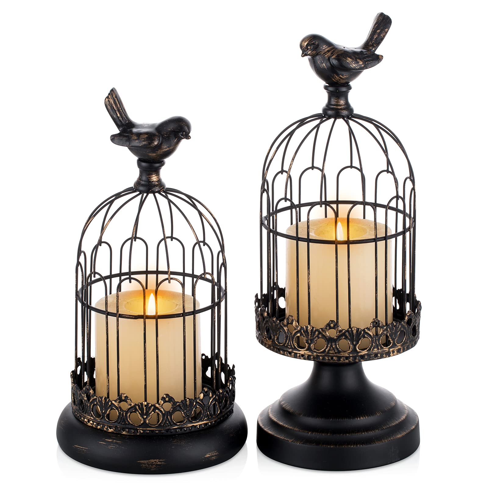 Decorative Candle Holder Bird Cage - Set of 2 Cage Lanterns for Candleholder Shabby Chic Country Home Decoration Table Centerpiece Mantel Decor, 10āā/12āā Tall, Distressed Ivory