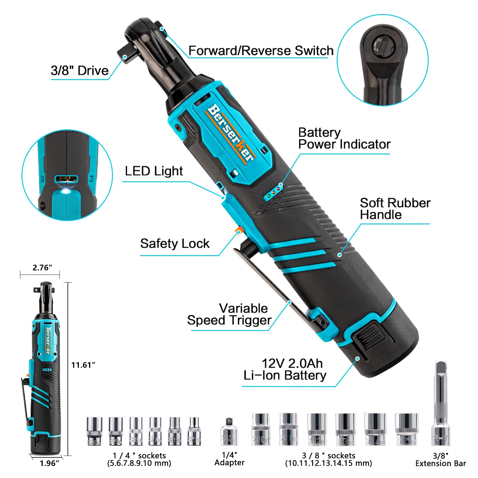 Berserker 3/8" Cordless Electric Ratchet Wrench Set, 35 Ft-lbs 260RPM 12V Power Ratchet Tool Kit with Variable Speed, 2x 2.0Ah Li-Ion Battery and Charger, 13 Sockets, 1/4" Adapter & 3" Extension Bar
