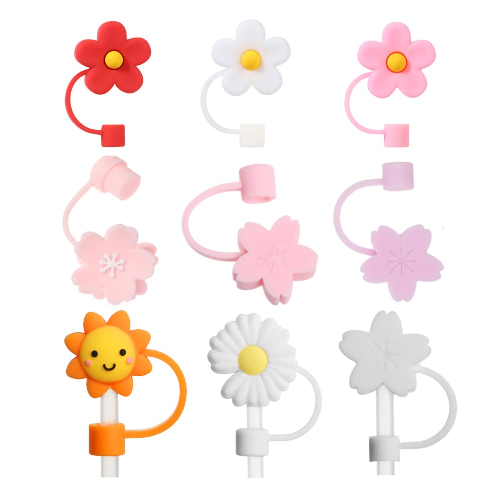 Beyonday 9pcs Silicone Flower Shape Straw Cover Cap Kit, Reusable Drinking Dust Plugs Set Cartoon Cherry Blossom Daisy Sunflowers Shape Spill Proof Straw Tips Cover Cup Stopper Cup Accessories
