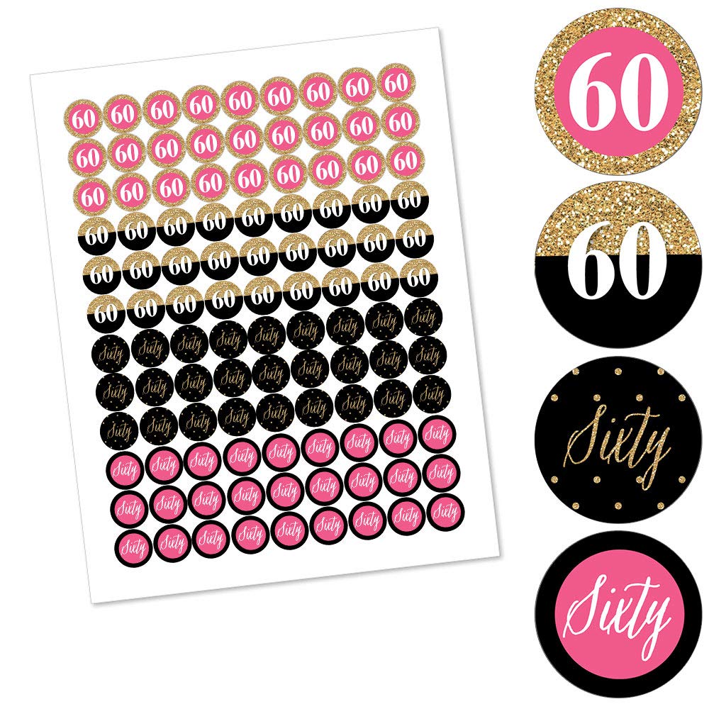 Big Dot of Happiness Chic 60th Birthday - Pink, Black and Gold - Round Candy Sticker Favors – Labels Fit Chocolate Candy (1 sheet of 108)