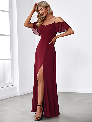 Ever-Pretty Women's Spaghetti Straps Chiffon Long Ruffle Sleeves Ball Gowns Holiday Dresses for Women Burgundy US12