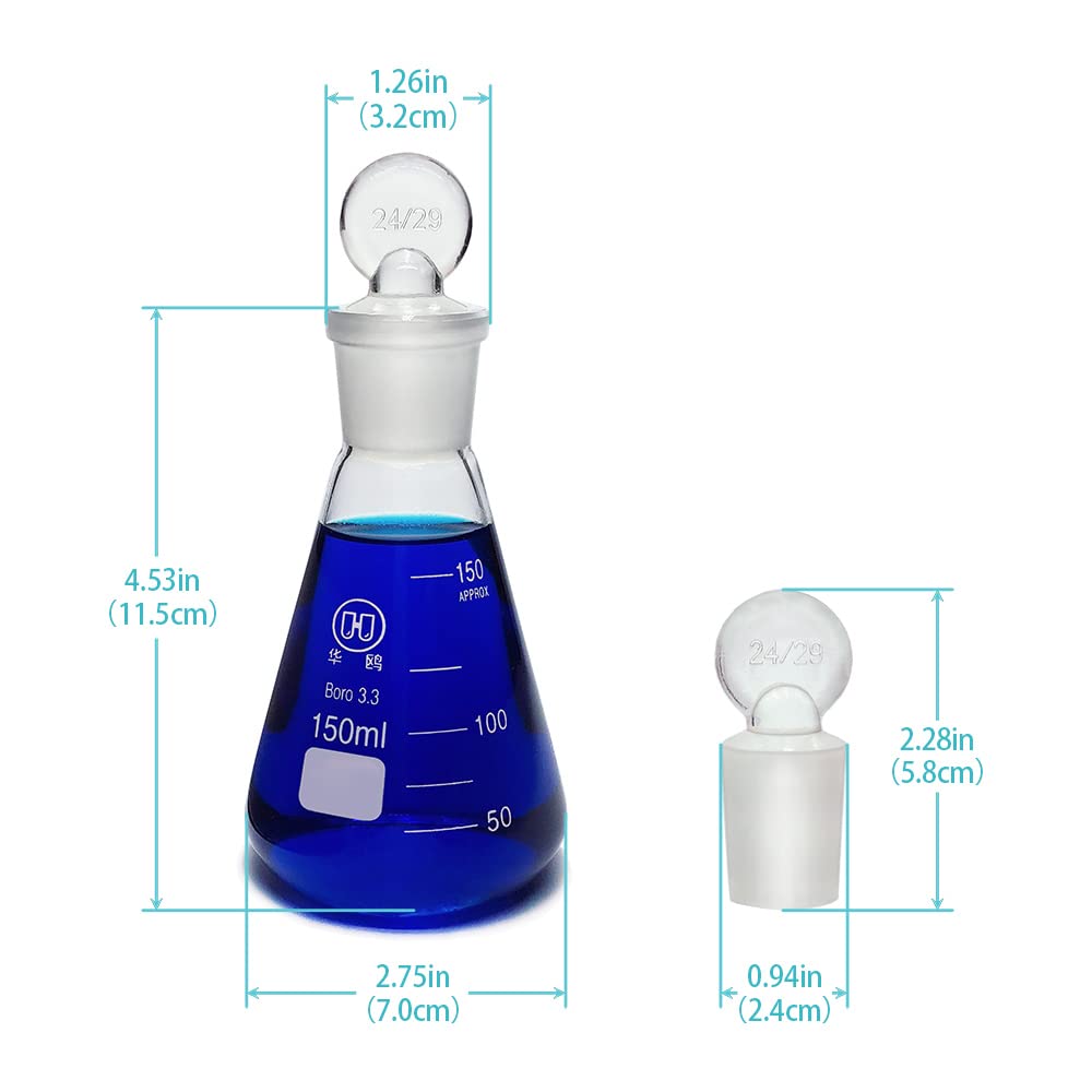 HUAOU Scientific 150ml Erlenmeyer Conical Flasks Set with Ground Glass Stoppers, Graduated 3.3 Borosilicate Glass, Pack of 3