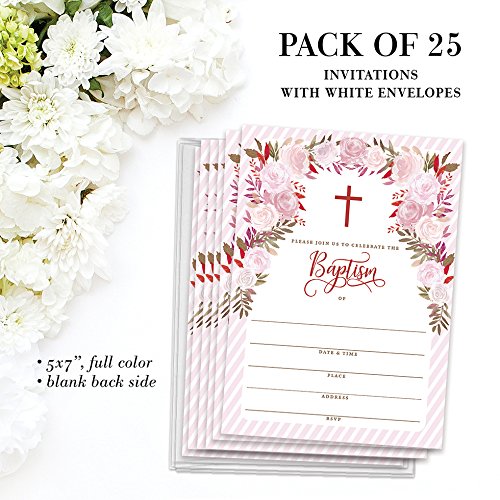 DB Party Studio Set Baby Baptism Invitations with Matched Thank You Notes ( 25 of Each ) Envelopes Included, 5 x 7" Lovely Pink Roses Fill-in Invites & Folded Thanks Cards Infant Christening Pair