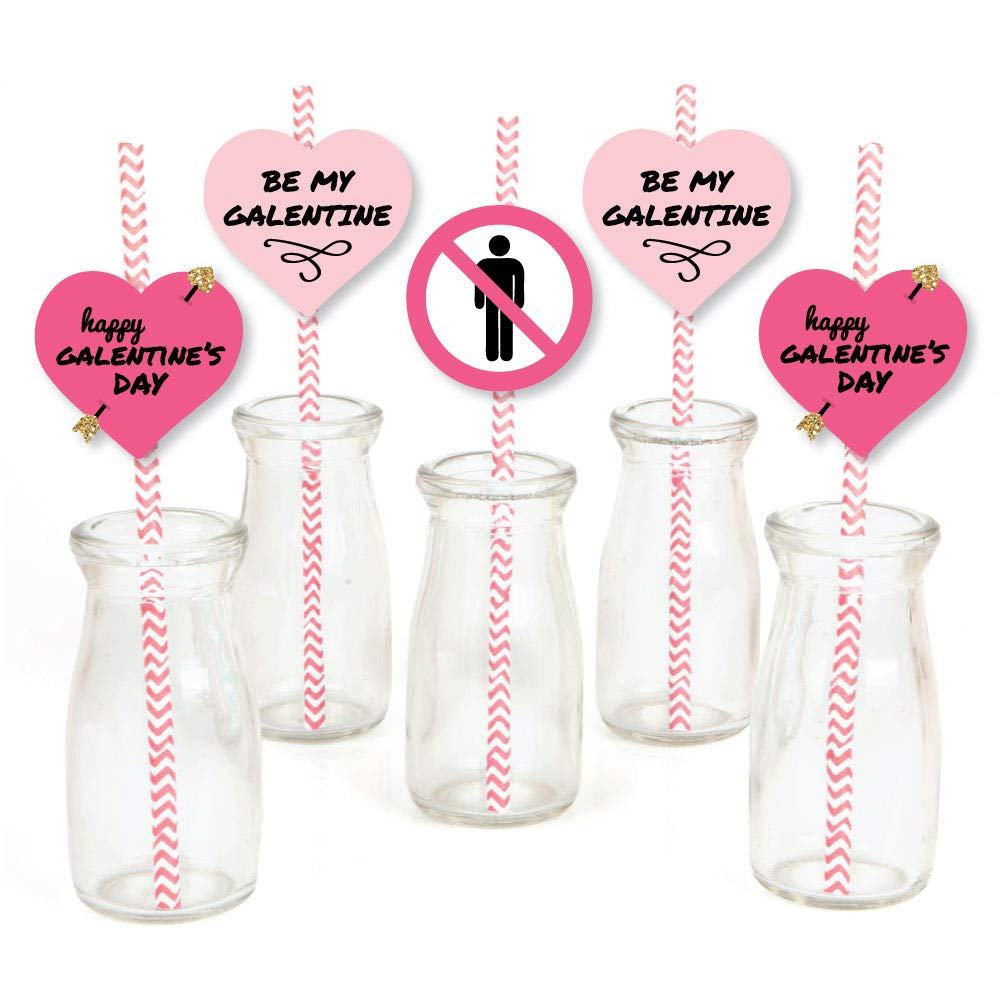 Big Dot of Happiness Be My Galentine - Paper Straw Decor - Galentine’s and Valentine’s Day Party Striped Decorative Straws - Set of 24
