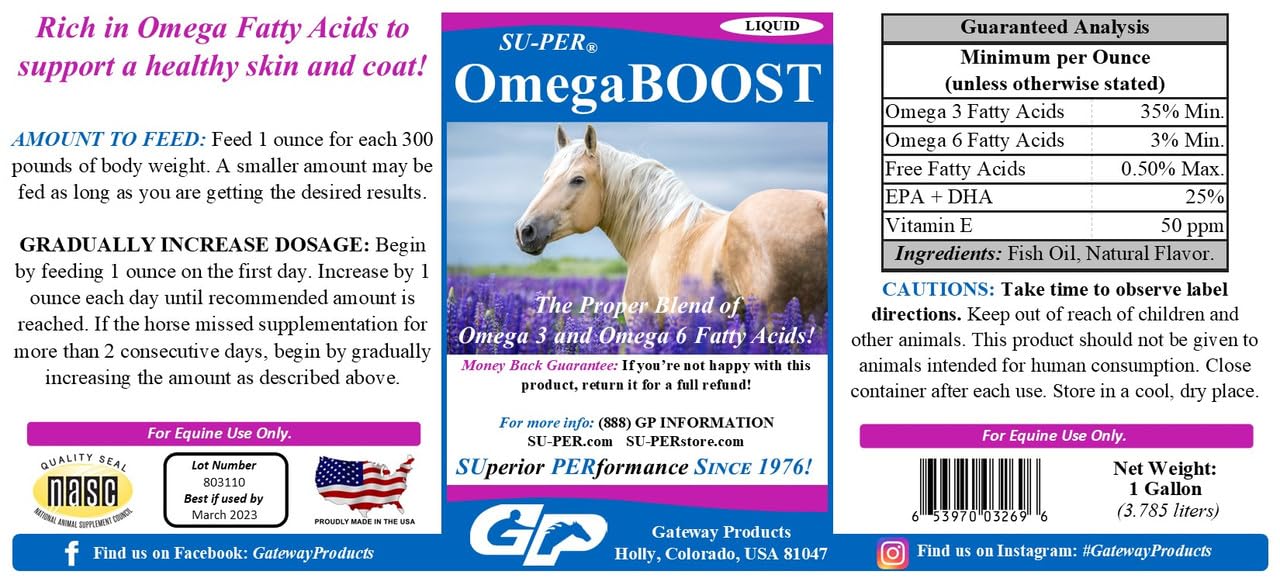 SU-PER OmegaBOOST Fish Oil for Horses - Premium Omega 3 and Omega 6 Fatty Acids Supplement - Supports Healthy Skin & Coat - 1 Gallon