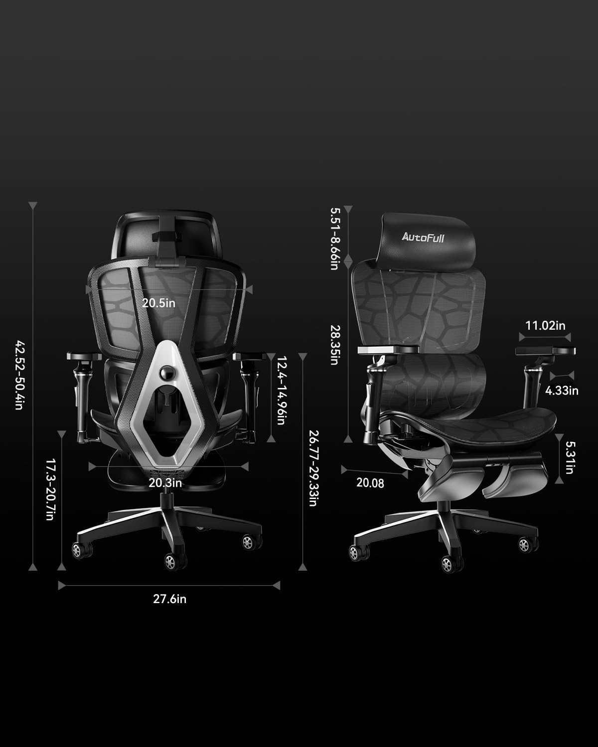 AutoFull G5 Office Chair, Ergonomic Office Chair with 6D Lumbar Support, 360° Adjustable Armrest Mesh Chair, Reclining Computer Chair with Footrest, Sliver