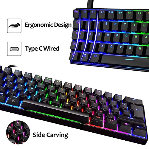 60% Mechanical Gaming Keyboard Mini Portable with RGB Backlit Full Anti-Ghosting 61 Key Ergonomic Metal Plate Wired Type-C USB Waterproof for Typist Laptop PC Mac Gamer(Black Keycap/Blue Switch)