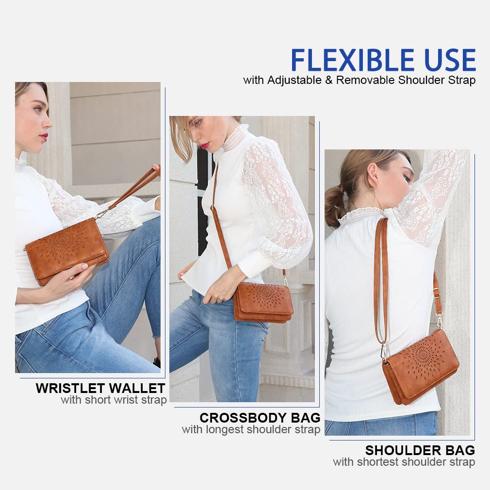 APHISON Multi-Function Small Crossbody Bags For Women,Cell Phone Shoulder Bag,Clutch Purse,RFID Wristlet Wallet,Card Holder Brown