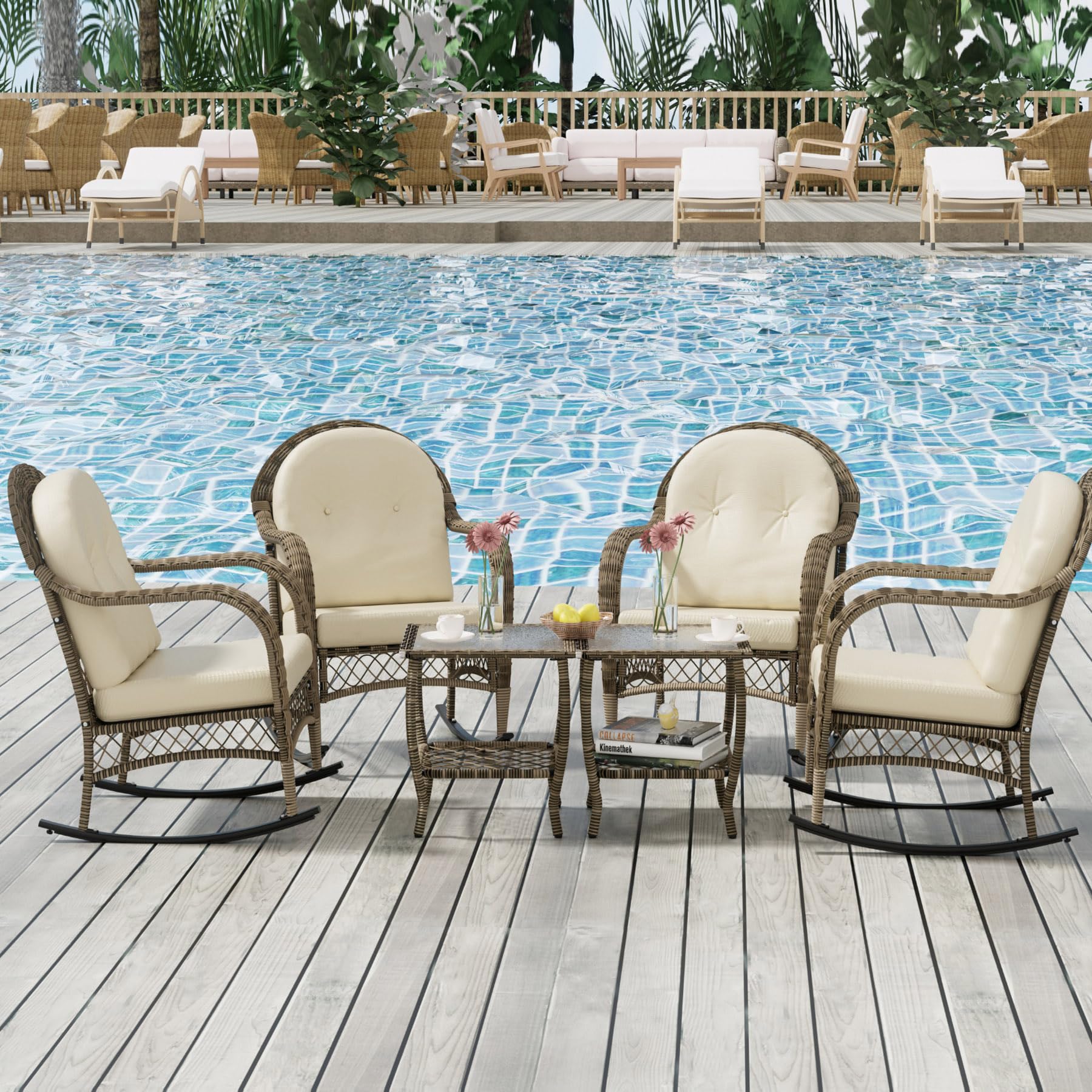 BALDPER 6 Pieces Patio Conversation Set, Lounge Rocking Chair with Cushion & Coffee Table, Wicker Bistro Set, Outdoor Furniture Set for Porch, Deck, Backyard, or Poolside, Beige