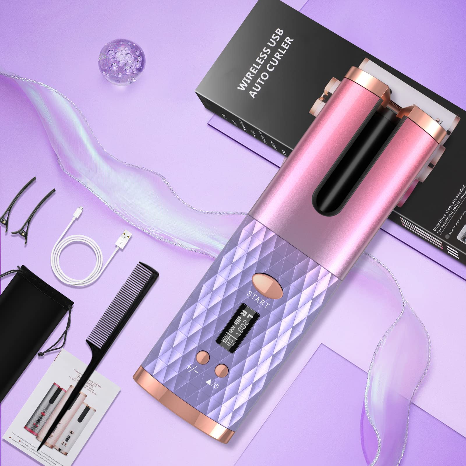 Automatic Curling Iron, Cordless Automatic Hair Curler with 6 Temps & Timers, Rechargeable Hair Curler with Ceramic Ionic Barrel, Detangle & Scald-Free Curler, Auto Shut-Off