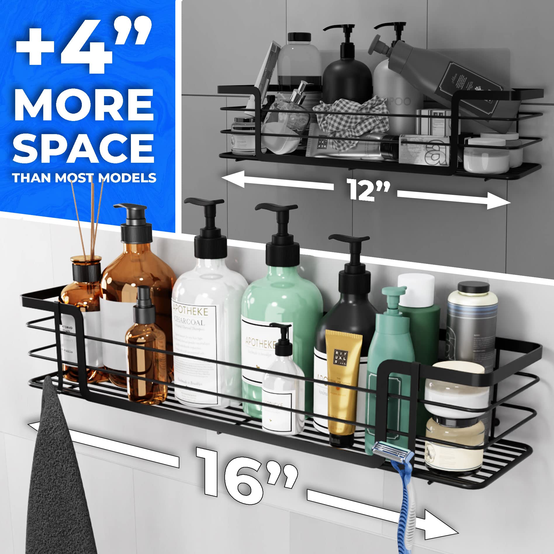 Cucino Extra-Large Shower Caddy 2-Pack - 16-Inch Rust-Resistant Black Shower Shelves for Inside Shower, Adhesive Organizer with 4 Removable Hooks, XL Shower Racks for Inside Shower