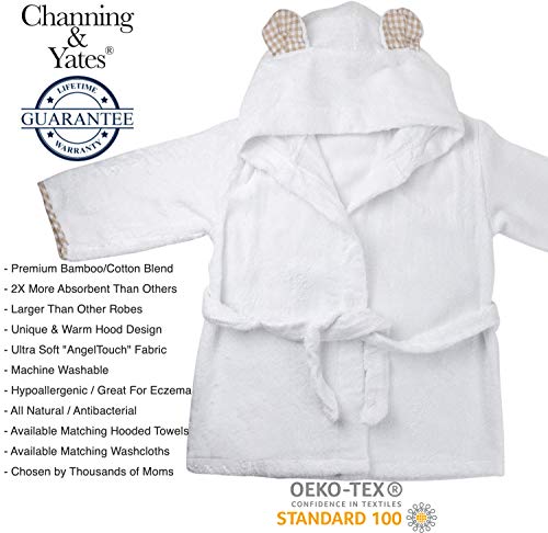 Channing & Yates Premium Boutique Toddler Robe - Organic Hooded Bathrobe Towel - Soft Towel Robe - Toddler Bath Essentials (White)