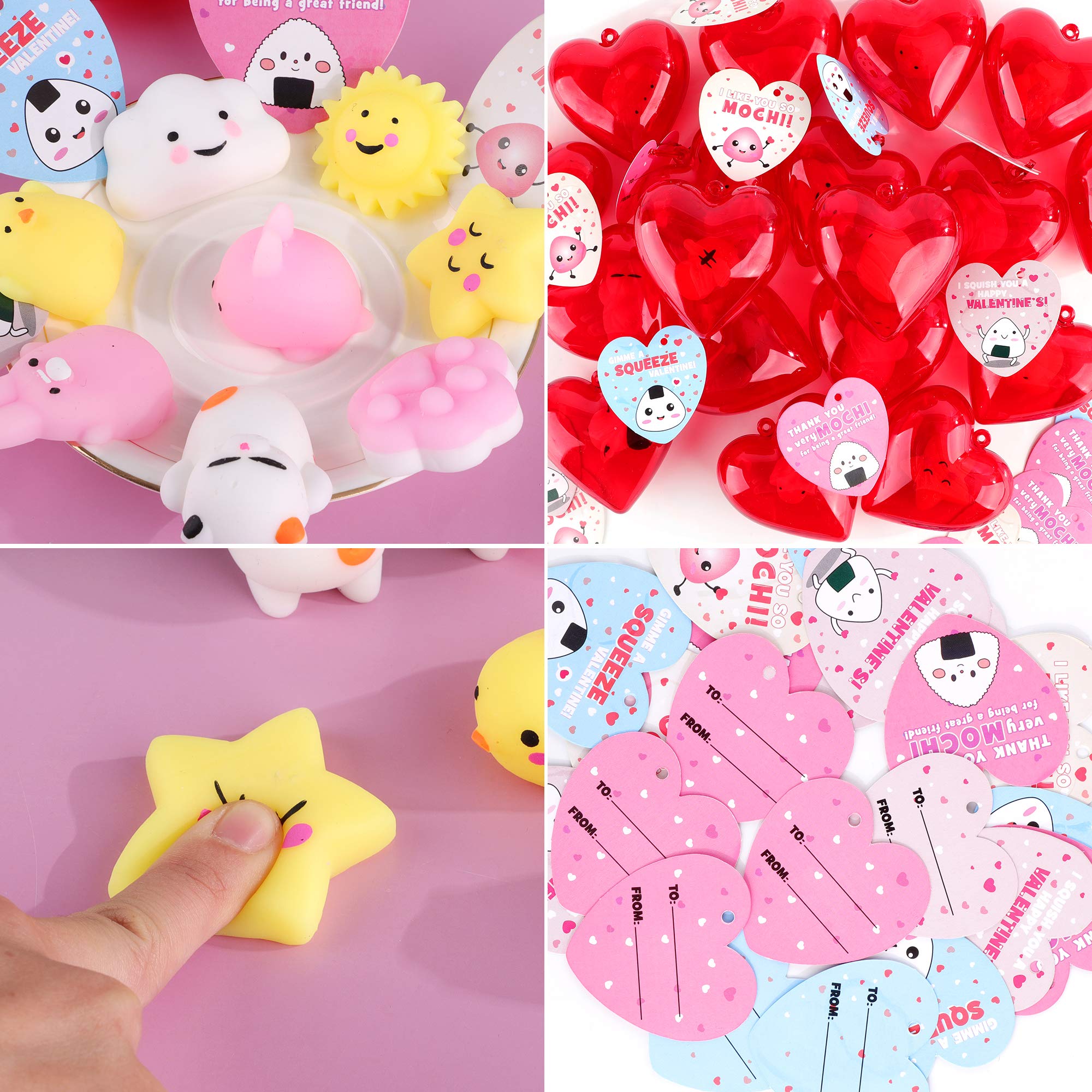 FiGoal 30 PCS Valentine’s Day Kids Gift Mochi Set with 30 Assorted Mochi Filled Hearts and 30 Valentines Gift Cards for Kids Classroom Prize Student Toy Present Valentine Gift Exchange