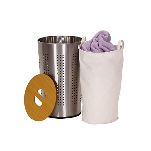 Household Essentials 7081-1 Round Metal Laundry Hamper - Removable Liner Bag and Wood Lid - Stainless Steel