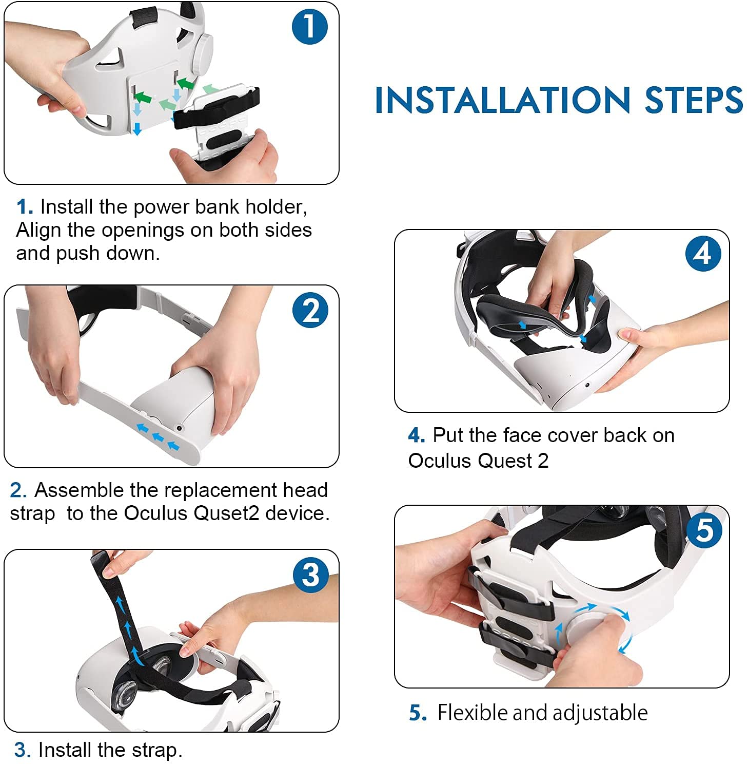 Elite Head Strap for Oculus Quest 2, YIZEIJOB VR Quest 2 Accessories Replacement Strap with Battery Holder Bracket, Adjustable Lightweight Reduce Face Pressure