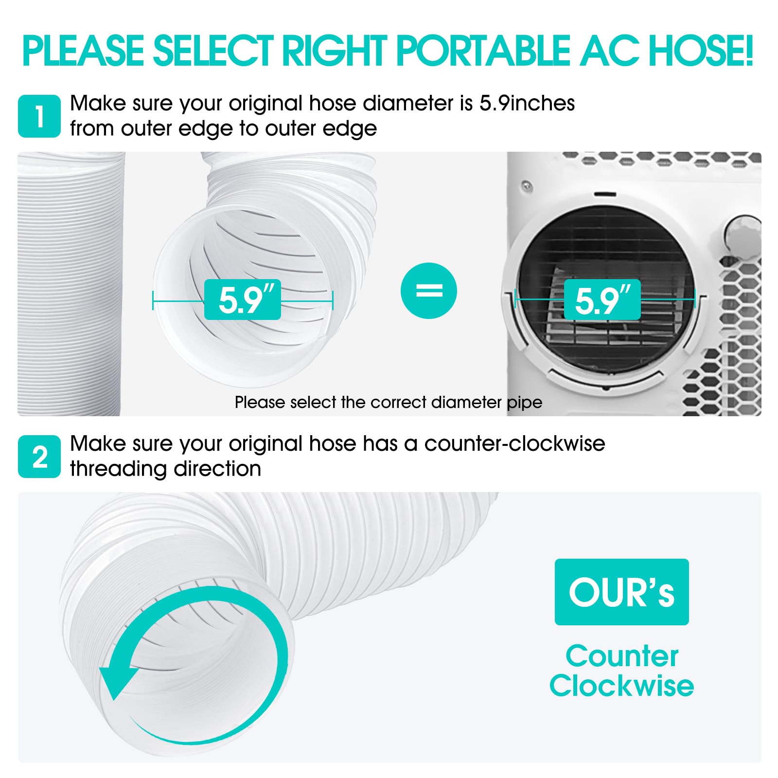 Airwhirl 5.9 Inch Air Conditioner Exhaust Hose, AC Hose with Anti-Clockwise Thread, Length up to 80", Universal Replacement AC Vent Hose Compatible with Many Portable AC