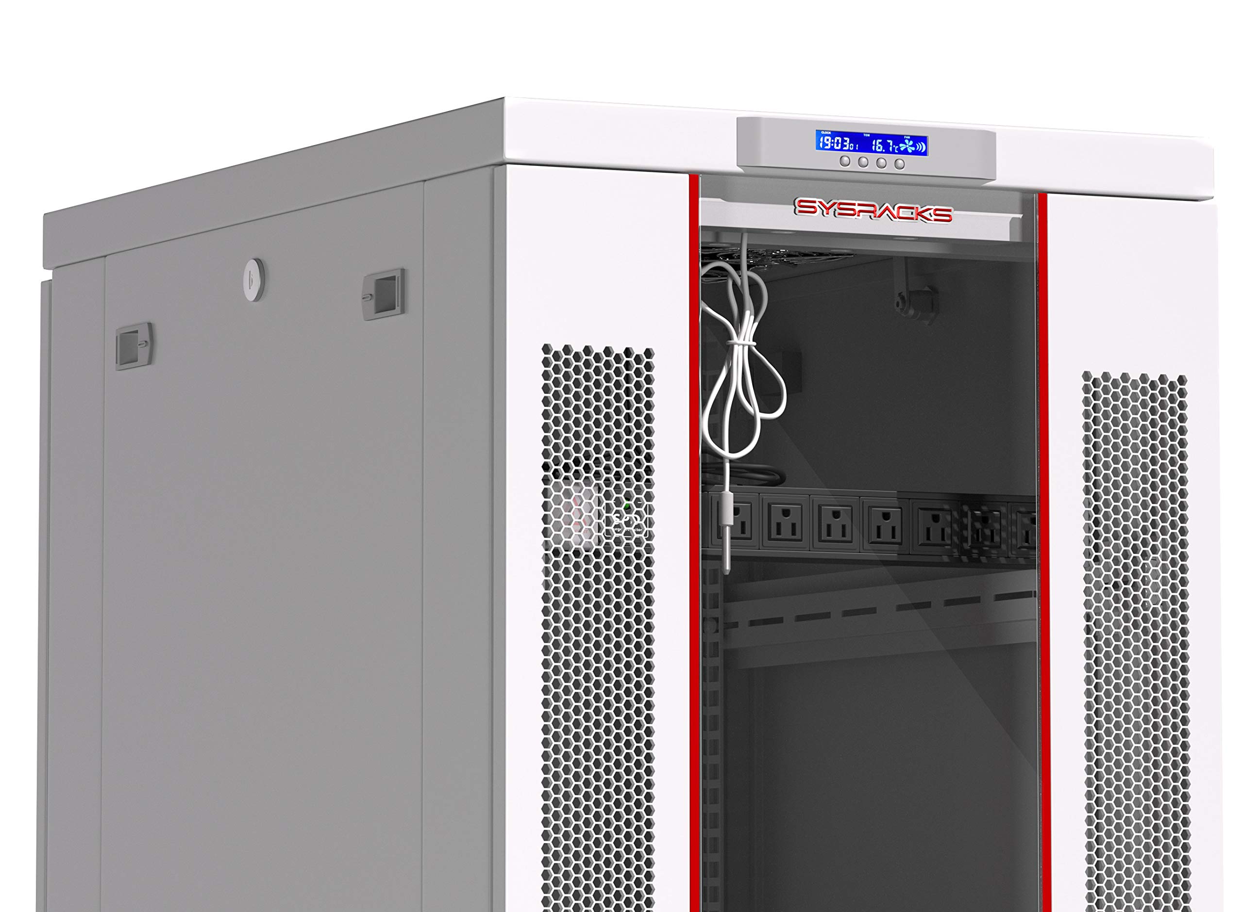 Sysracks 18U 35 Inch Deep Grey White Server Rack IT Network Data Rack Cabinet Enclosure Fully Lockable on Wheels - LCD Screen - Ventilation System - PDU - Glass Door - Rich Accessories Kit