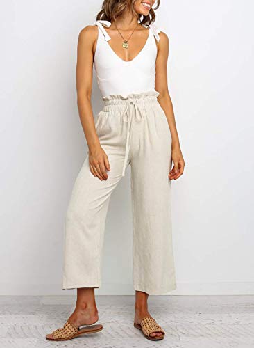 Dokotoo Womens Comfy Casual Loose Stretch Drawstring Tie Elastic Waist Solid Jogging Jogger Work Office Wide Leg Pants Sweatpants for Women with Pockets Khaki Medium