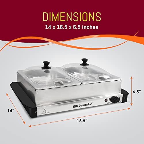 Elite Gourmet EWM-6122 Dual 2 x 2.5 Qt. Trays, Buffet Server, Food Warmer Temperature Control, Clear Slotted Lids, Perfect for Parties, Entertaining & Holidays, 5 Qt Total, Stainless Steel