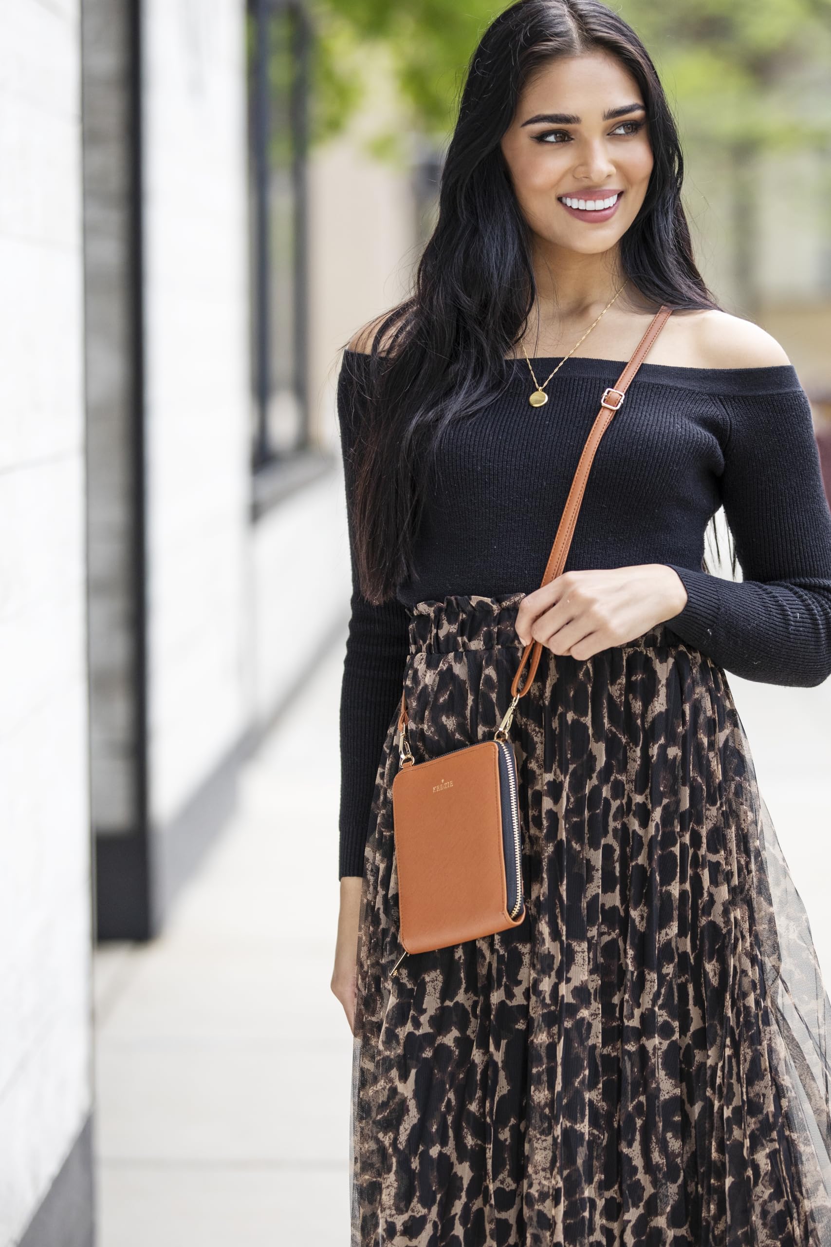 KEDZIE Best Little Bag in Saffiano Vegan Leather Crossbody Bag For Women With Removable Adjustable Strap - Chestnut