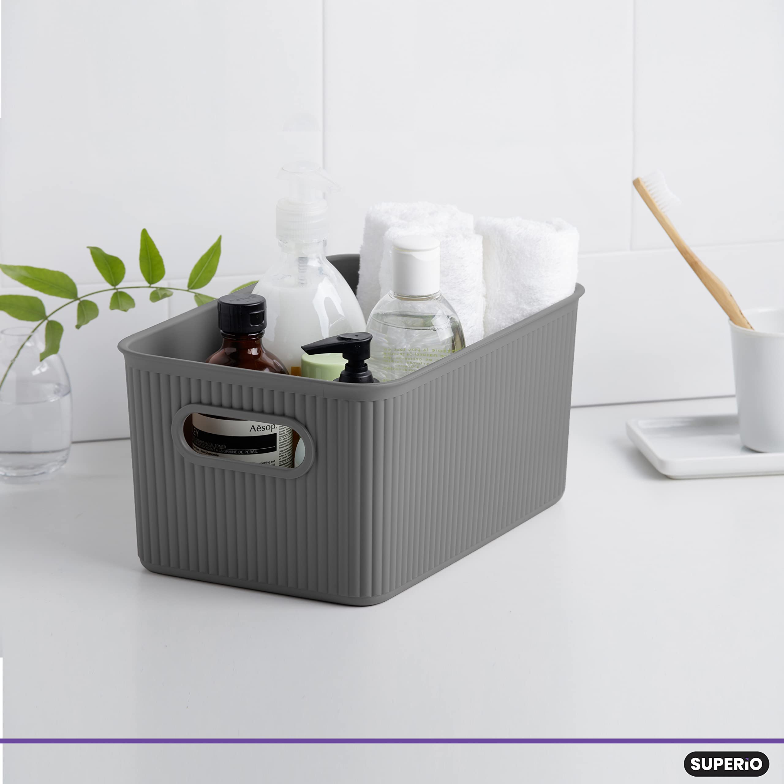 Superio Decorative Lidded Home Storage Bins, Plastic Organizer Baskets, Medium Grey (2 Pack - 5 Liter) Stackable Container Box, for Organizing Closet Shelves Drawer Shelf