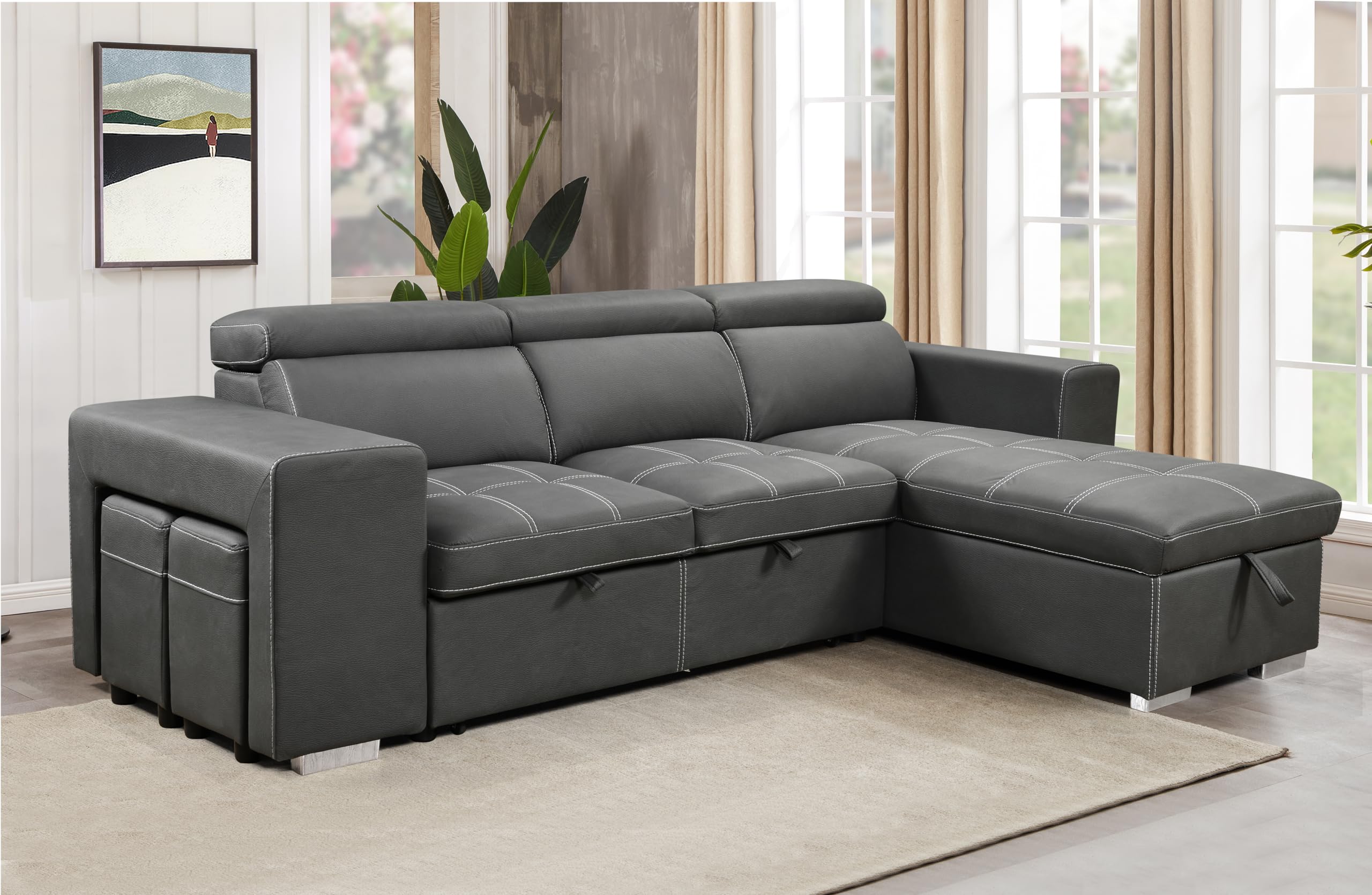 Ball & Cast 105" Sofa Bed with Storage Chaise and 2 Stools,Corner Convertible Sleeper Sectional Couch W/Adjustable Headrest,for Living Room,Apartment,Grey