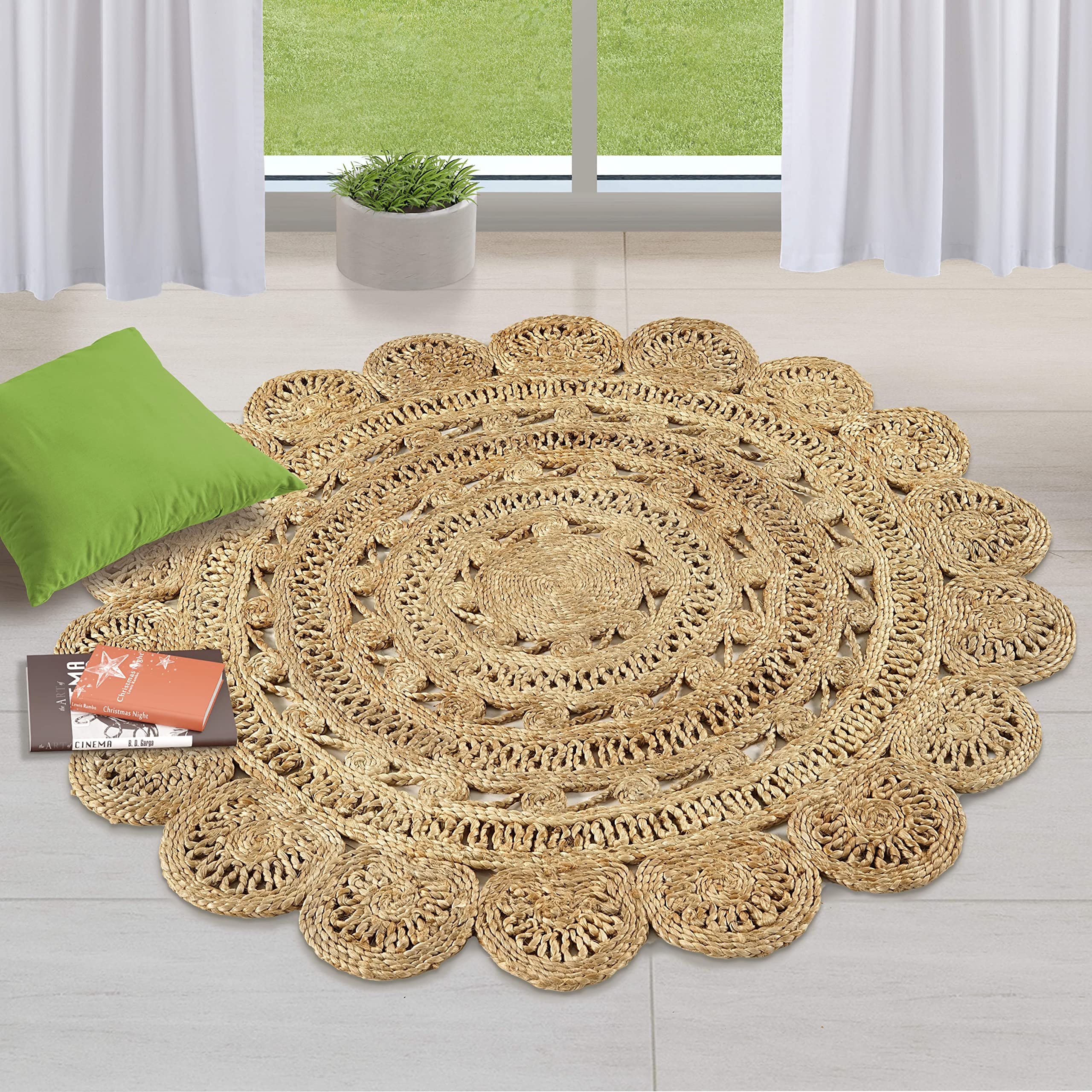 GRUHUM Handwoven 4ft Jute Area Rug-Natural Fiber Round Handmade Boho Farmhouse Rustic Vintage Soft Braided Reversible Rug-Indoor EcoFriendly Kitchen Bedroom Living Room Hallways Enterways 4'feet Round