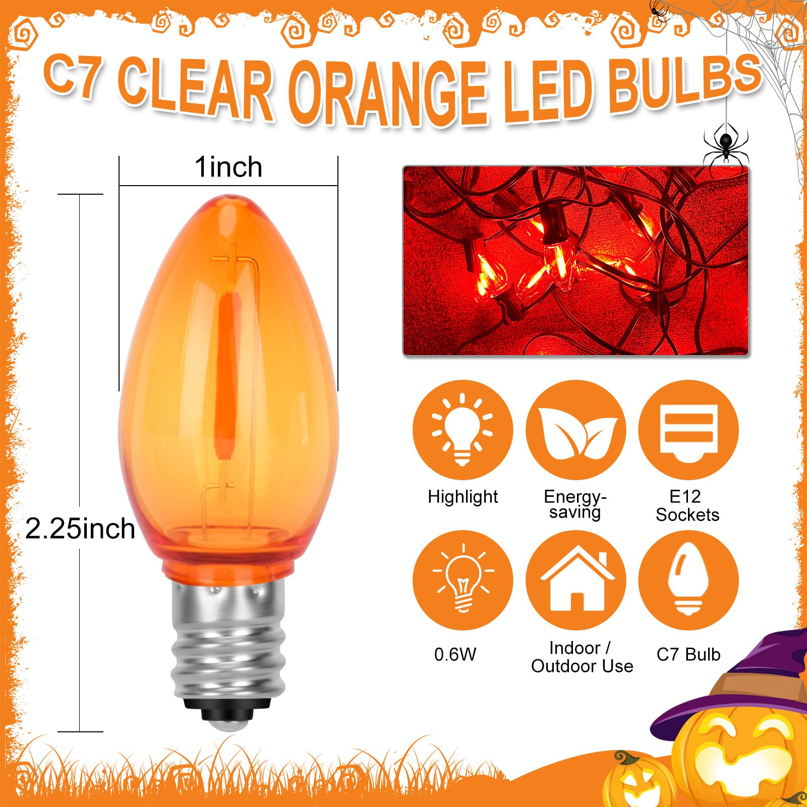 A-OKHOSE 25 Pack C7 Orange LED Replacement Bulbs, Christmas Clear Orange String Light Bulbs, Bright Plastic Shatterproof LED Bulb for Christmas Outdoor String Lights, Candle Lights and Night Lights