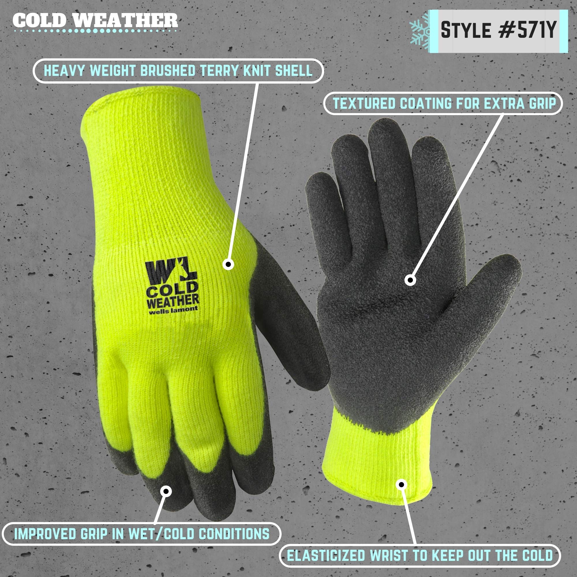 Men's Cold Weather Hi Viz Work Gloves, Heavyweight Knit Shell, Latex Coating, X-Large (Wells Lamont 571YXL)