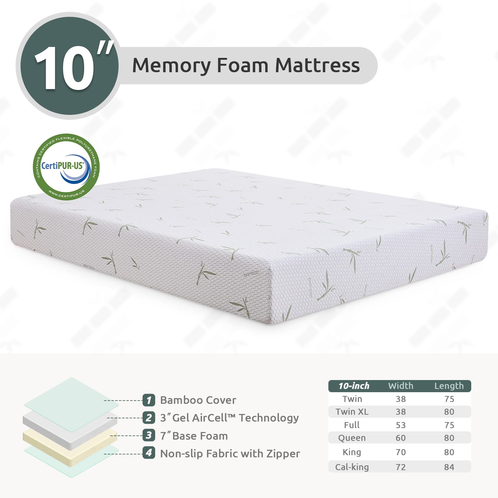 IULULU 10 Inch Memory Foam Mattress Feel with Bamboo Cover, Breathable Bed Mattresses with CertiPUR-US Certified, Full, White