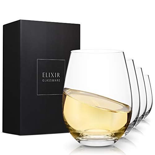 ELIXIR GLASSWARE Stemless Wine Glasses - Hand Blown, Red White Wine Glasses Set of 4 - Premium Crystal Stemless Wine Glasses - Wine Tasting, Wedding, Anniversary, Christmas, Party - 17 oz, Clear
