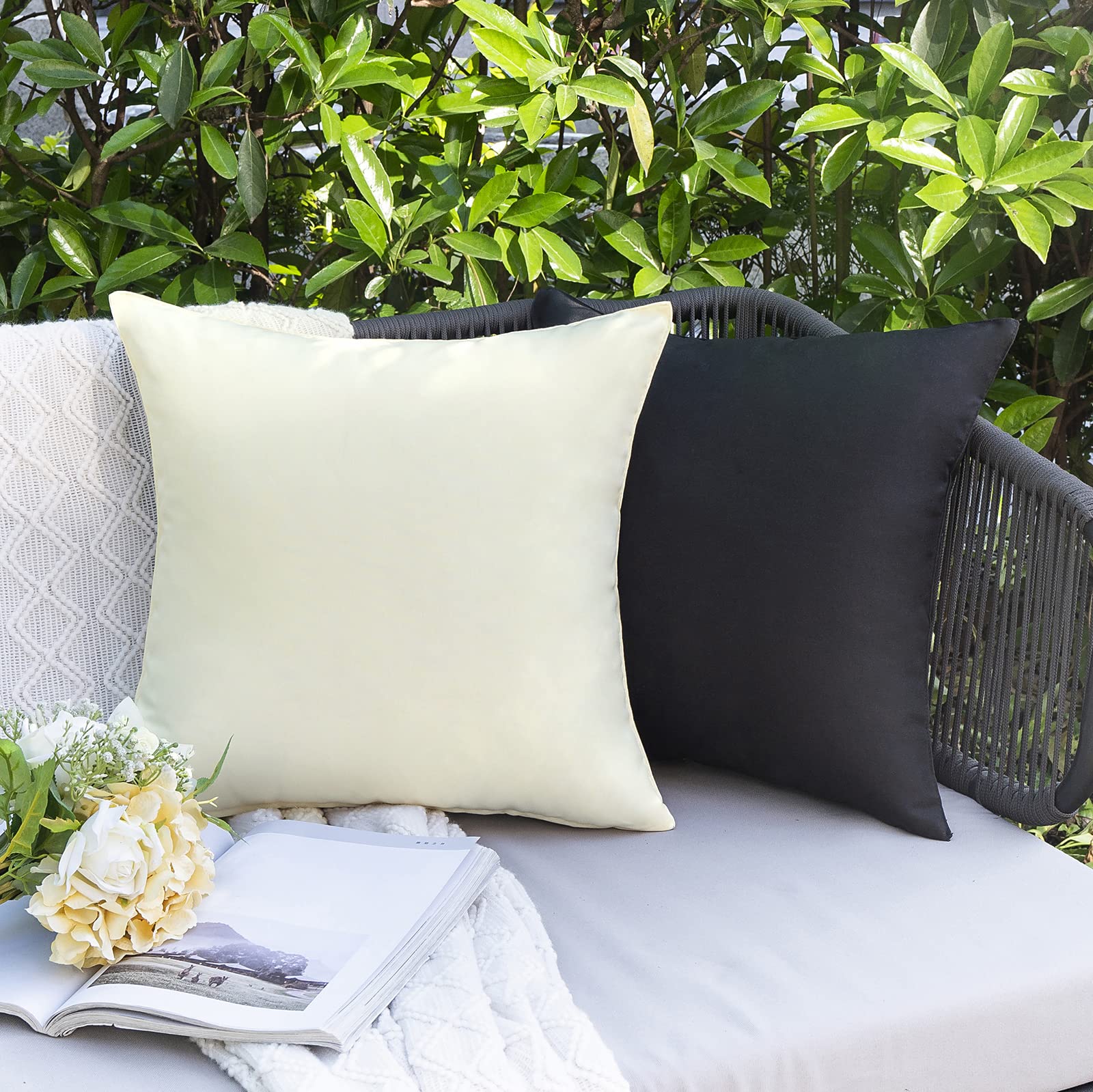 EMEMA Outdoor Waterproof Throw Pillow Covers Water Resistant Garden Chair Decorative Solid Cushion Case for Garden Couch Pet Sofa Home Decoration 20x20 Inches 50x50 cm Black, Pack of 2