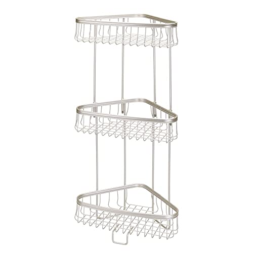 mDesign Metal 3-Tier Bathroom Corner Shower Shelf - Free Standing Vertical Unit Storage Shelves - for Organizing Soaps, Shampoos, Conditioner, Fash Face, Body Scrubs, Body Washes - 3 Baskets - Satin