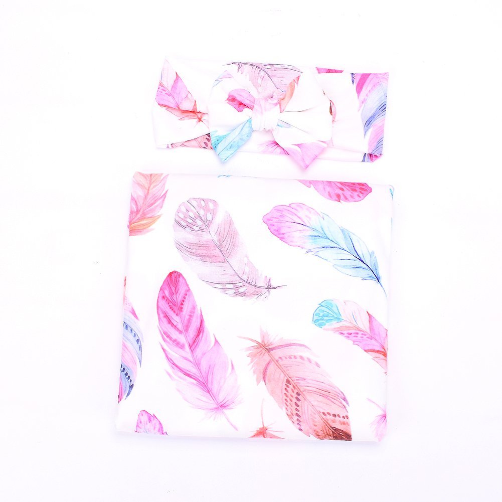 Galabloomer Baby Sleep Swaddle Blanket Large and Bow Headband Set 47 inch X 47 inch Feather