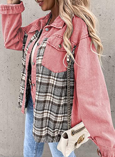 Astylish Women Plaid Boyfriend Jean Jacket Long Sleeve Button Down Oversized Plaid Denim Shacket Jackets Barbie Pink Large