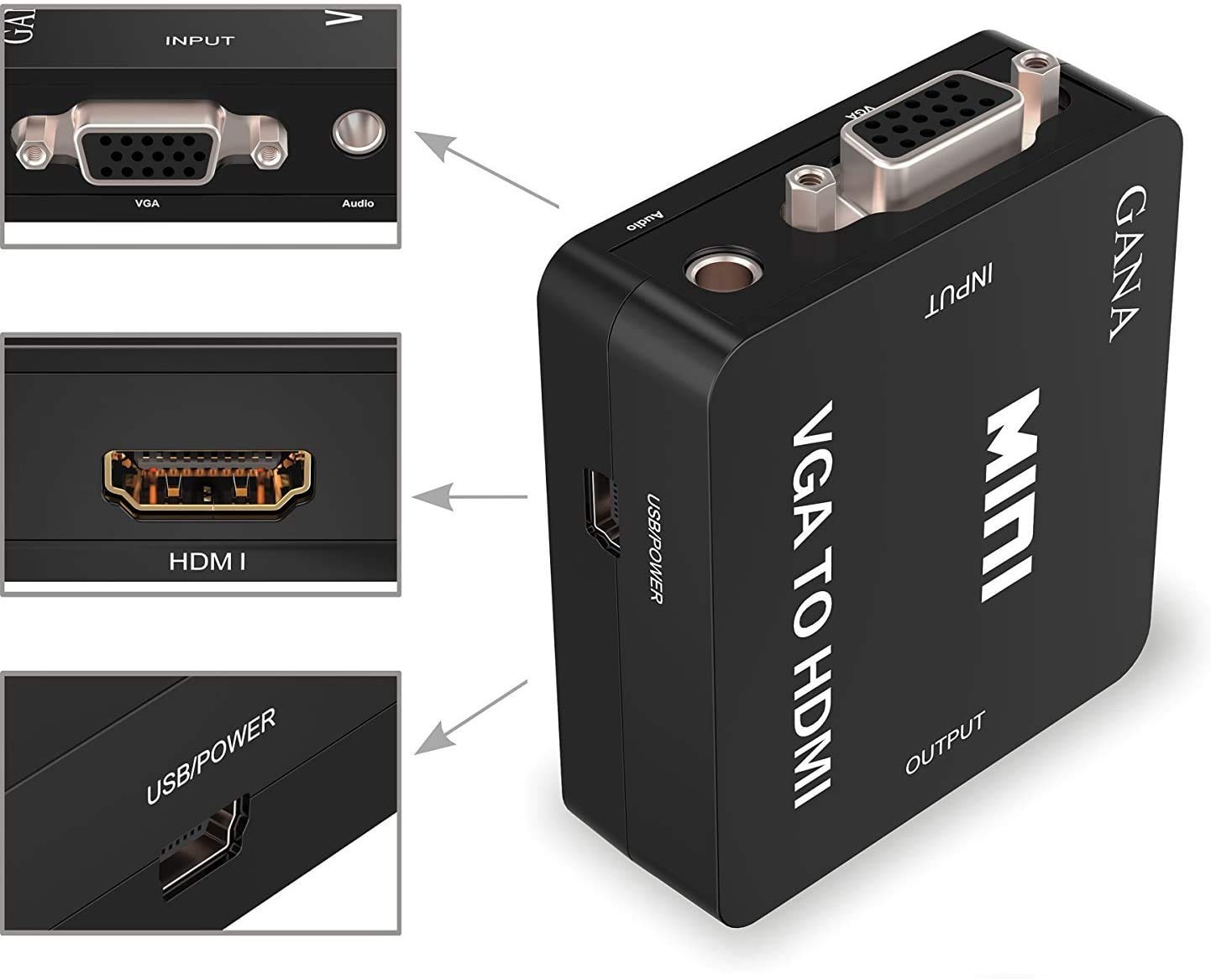 GANA VGA to HDMI Adapter, Mini Vga Adapter Box Steadily Convert Full HD Audio Video Below 1080P from VGA to HDMI, Support HDTV PC Laptop Monitor Computer Mac Projector