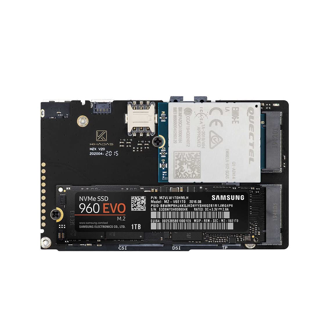 Khadas New M2X Extension Board is an Ultra-Thin Version of The Original M2X Board.It has M.2 Slots for Adding a 4G LTE Module and NVMe SSD to VIM3/VIM3L. A Nano-SIM Card Slot is Built Into The Board