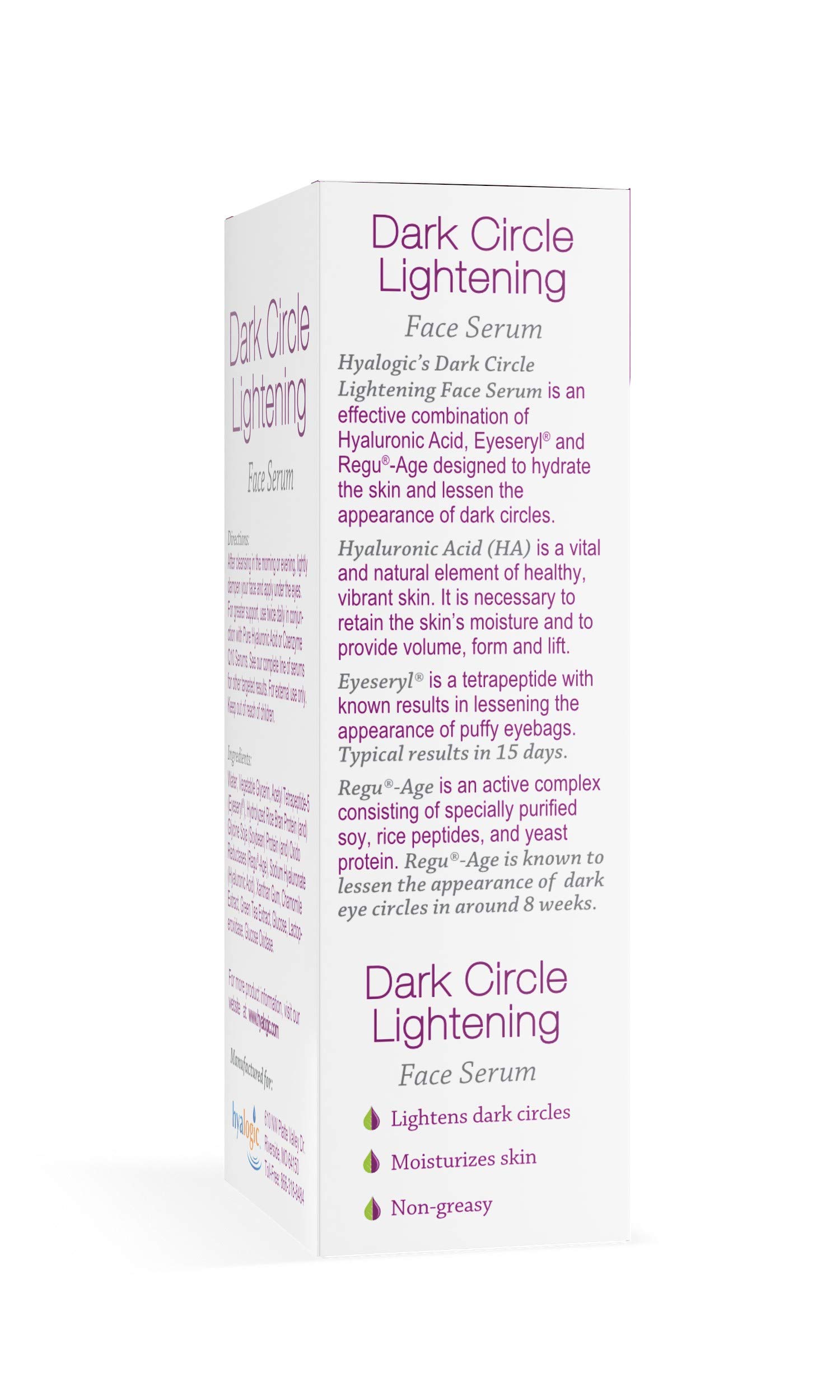 Hyalogic Dark Circle Lightening Face Serum - Treat Under Eye Dark Circles w/Hyaluronic Acid, Eveseryl & Regu-Age - Soothe, Nourish & Rejuvenate Skin - 1oz