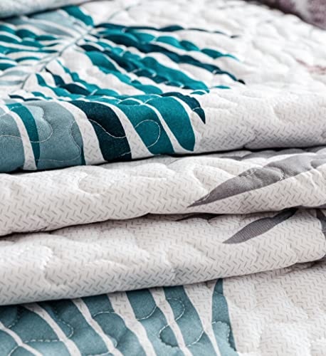 DURLENGEN Floral Quilt Set Queen Size 3Pcs, Teal & Khaki Leaves Printed on White, All Season Lightweight Coverlet Sets(Queen 90x96, Botanical Teal)