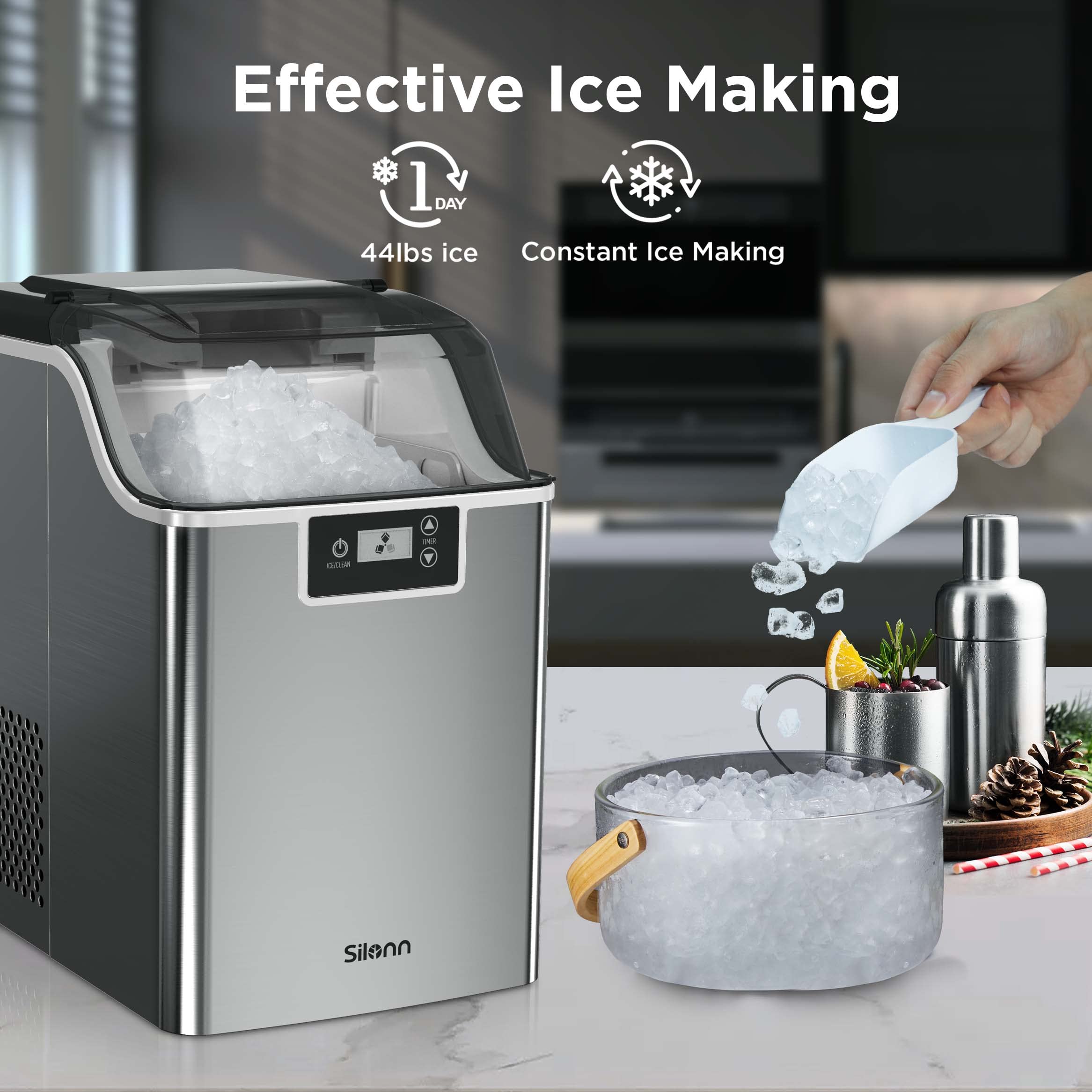 Silonn Countertop Nugget Ice Maker, Pebble Ice Maker Machine, 44lbs of Ice Per Day, Automatic Timer & Self-Cleaning, Pellet Ice Maker for Home Office Bar Party