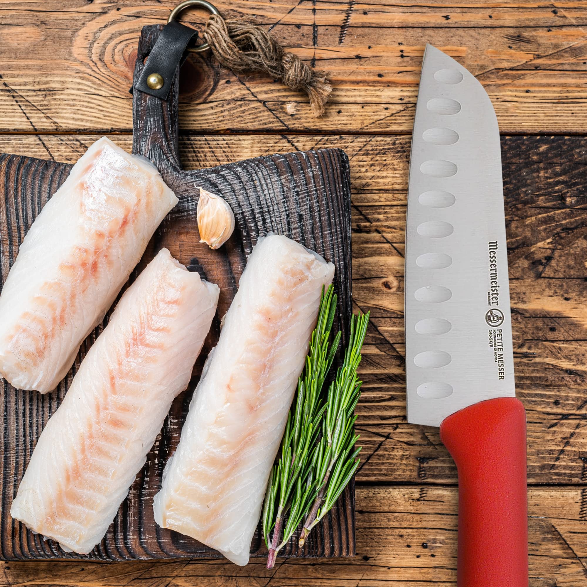 Messermeister Petite Messer 5” Kullenschliff Santoku Knife, Red - German 1.4116 Stainless Steel & Ergonomic Handle - Lightweight, Rust Resistant & Easy to Maintain