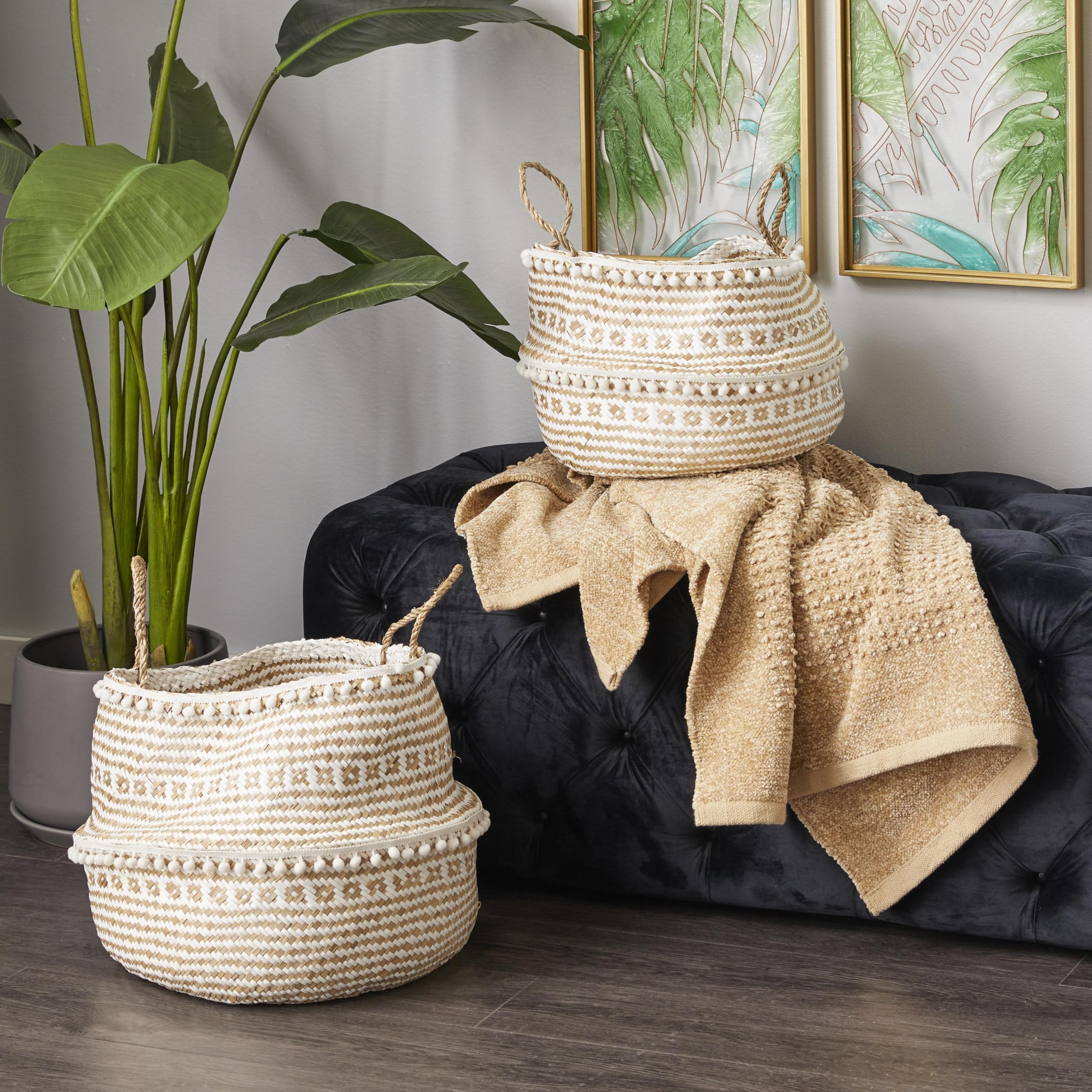 Deco 79 Seagrass Handmade Decorative and Functional Storage Basket Patterned Basket Organizer with Handles, Set of 2 Basket for Storage 17", 14"H, Brown