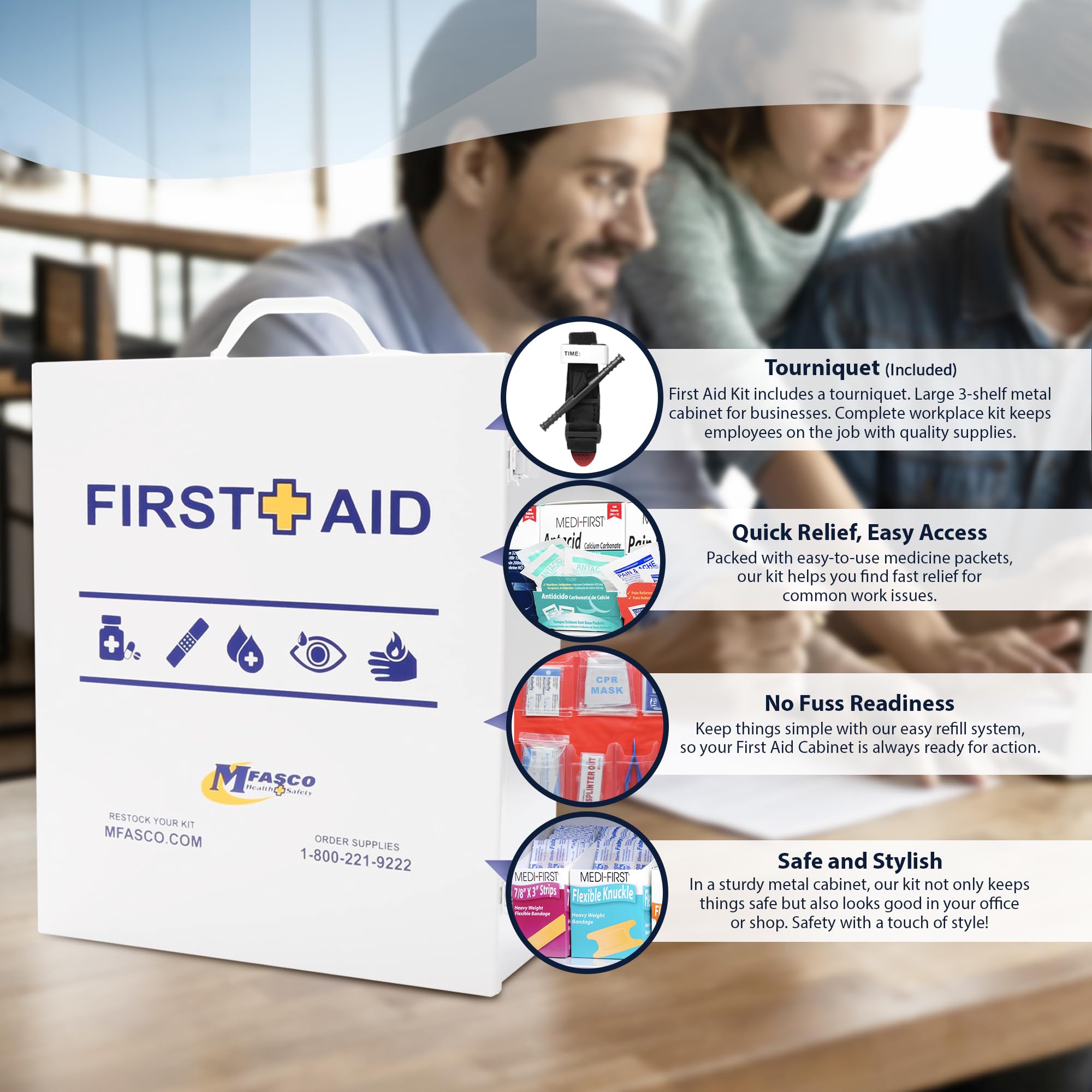 MFASCO 2021 ANSI/OSHA Compliant First Aid Kit - Large, Commercial 3-Shelf Metal Cabinet for Businesses, Wall Mountable - with Medications - ANSI Standard 2021 First Aid Kits, Class B Fill